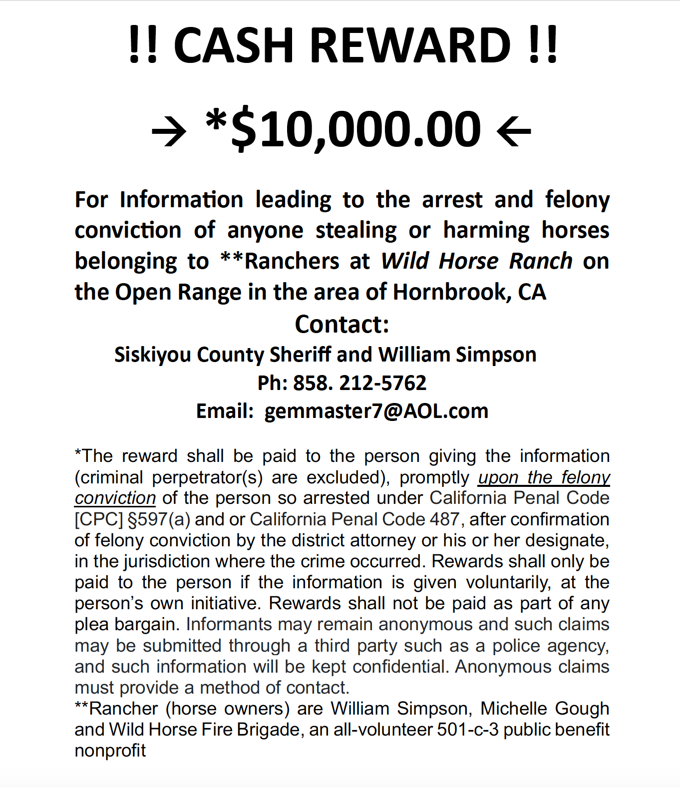 10,000 Cash Reward For Information – SISKIYOU NEWS